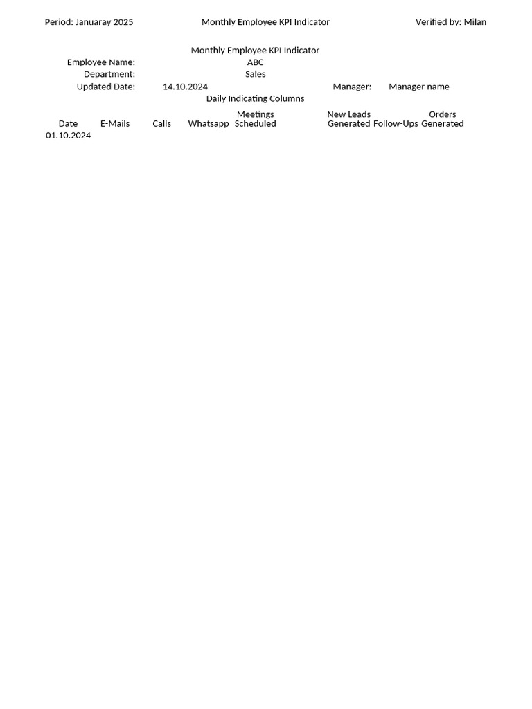 KPI Indicator Sheet Employee Xyz | PDF