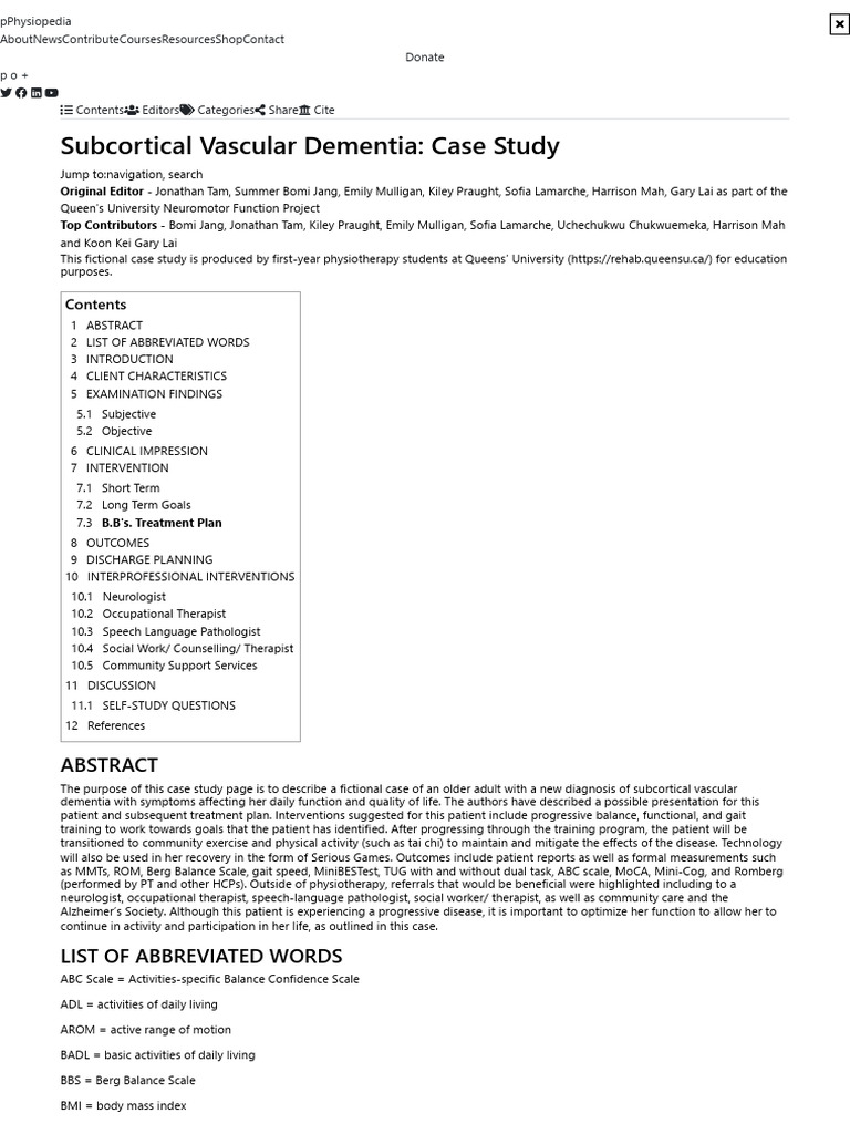 Subcortical Vascular Dementia - Case Study - Physiopedia | PDF | Dementia | Neurology