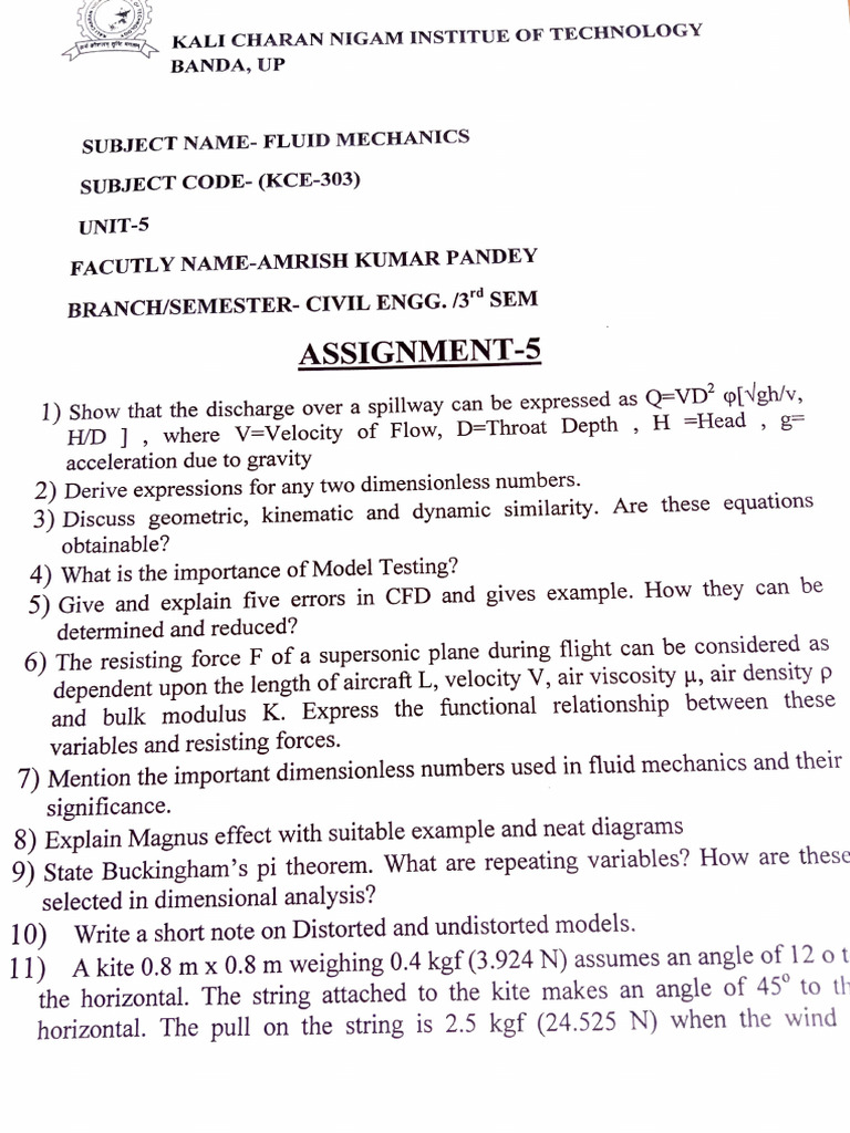 Assignment 5 unit of FM. | PDF | Drag (Physics) | Force
