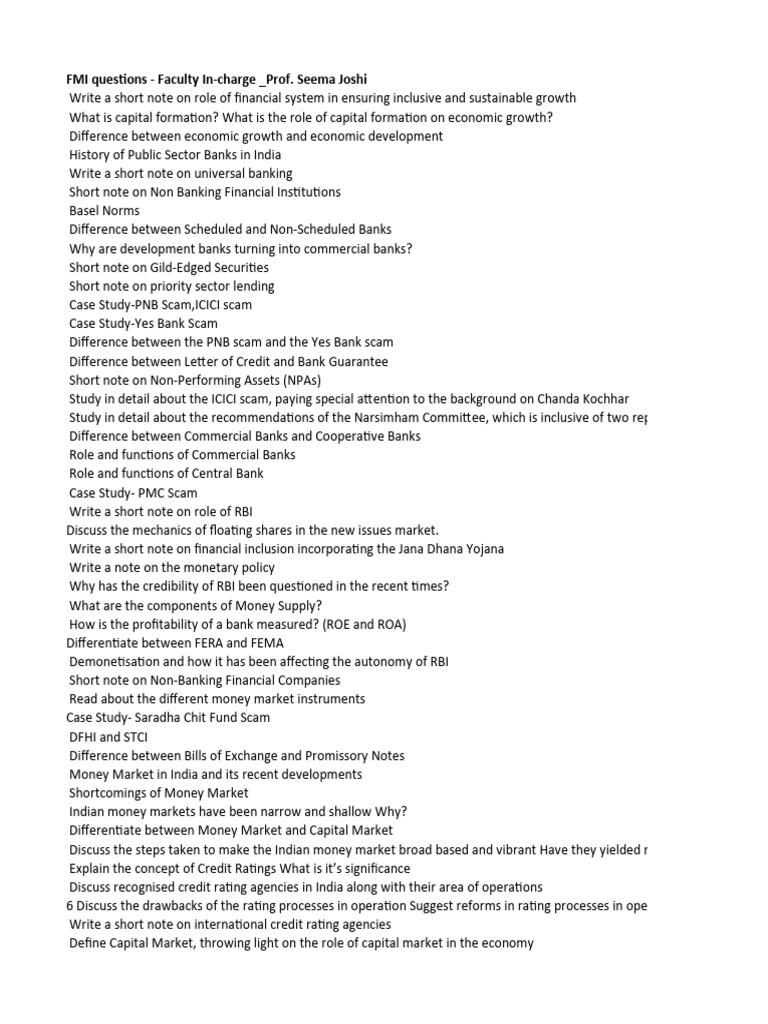 A List of Questions - FMI - Sept - 2024 | PDF | Banks | Money