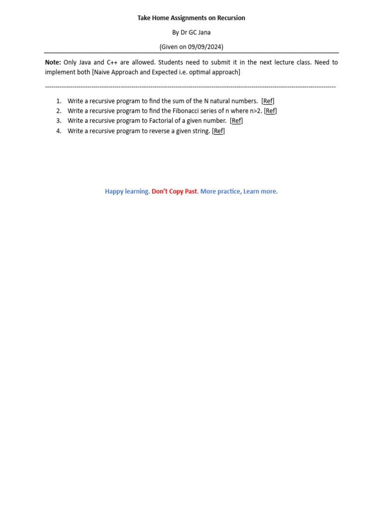 Lac 5 Take Home Assignments On Recursion | PDF