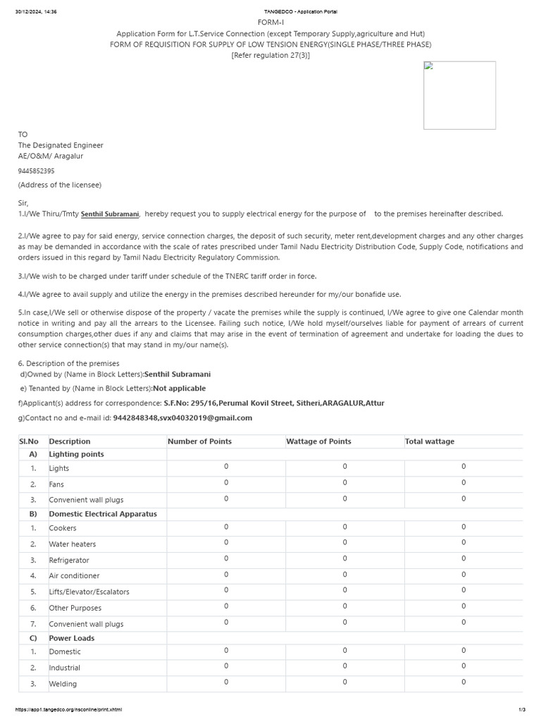 TANGEDCO L.T. Service Connection Application | PDF | License