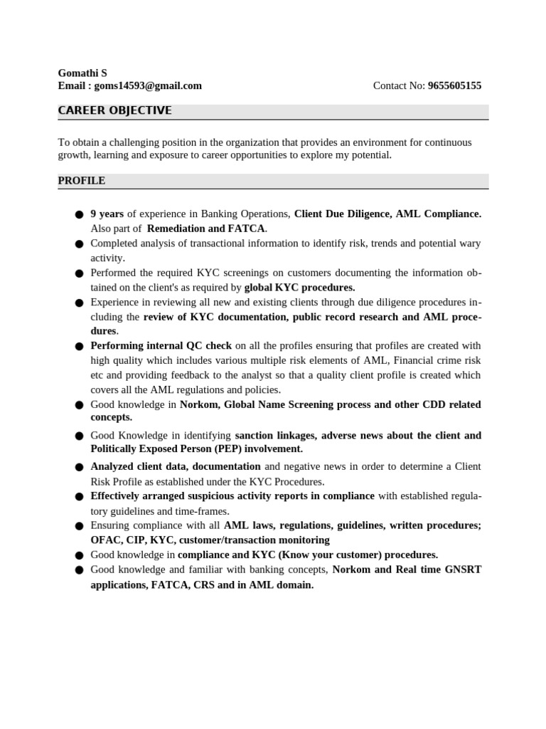 Gomathi_Resume_KYC | PDF | Business