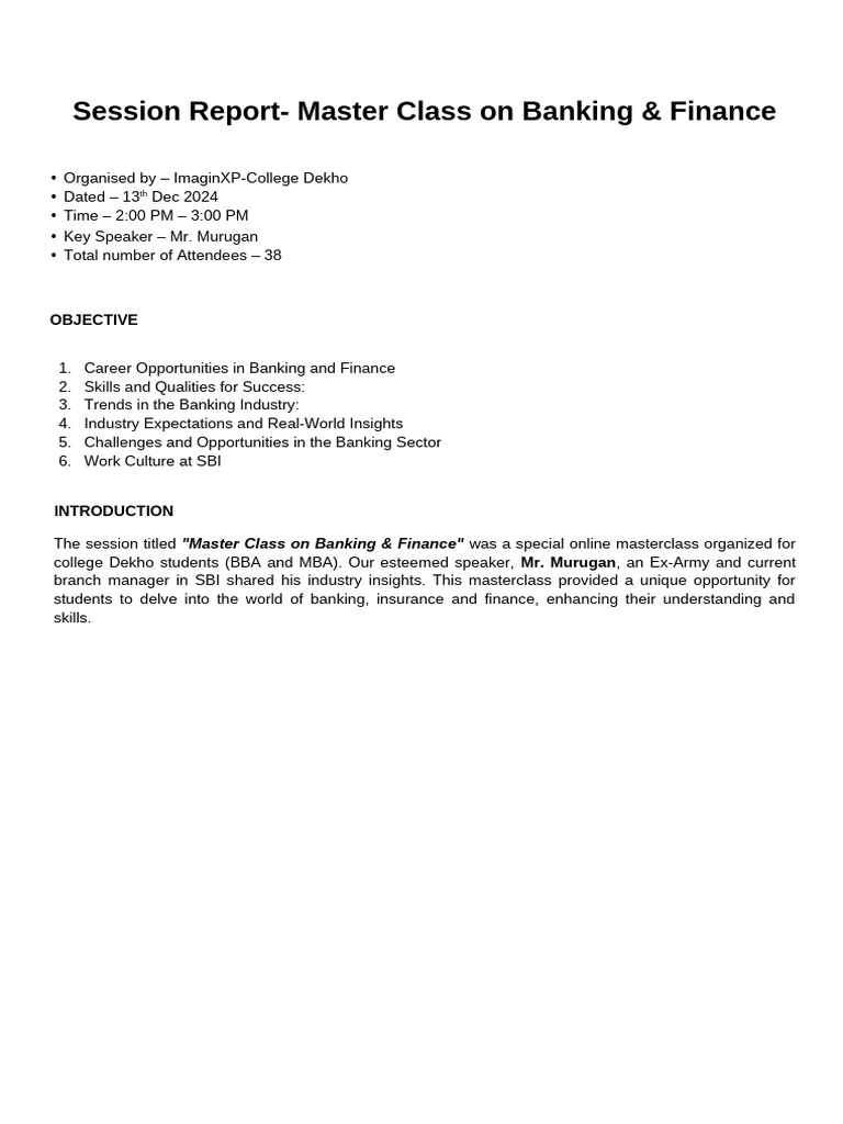 Session Report - Masterclass On Banking & Finance | PDF