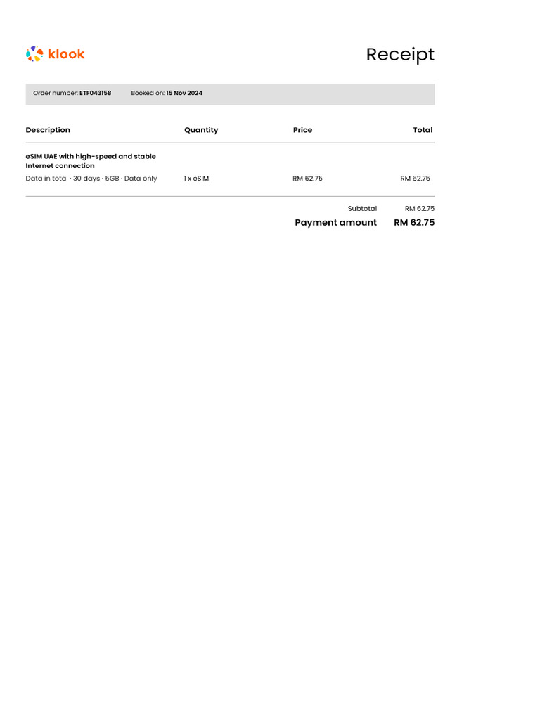 eSIM UAE Order Receipt - 5GB Data | PDF
