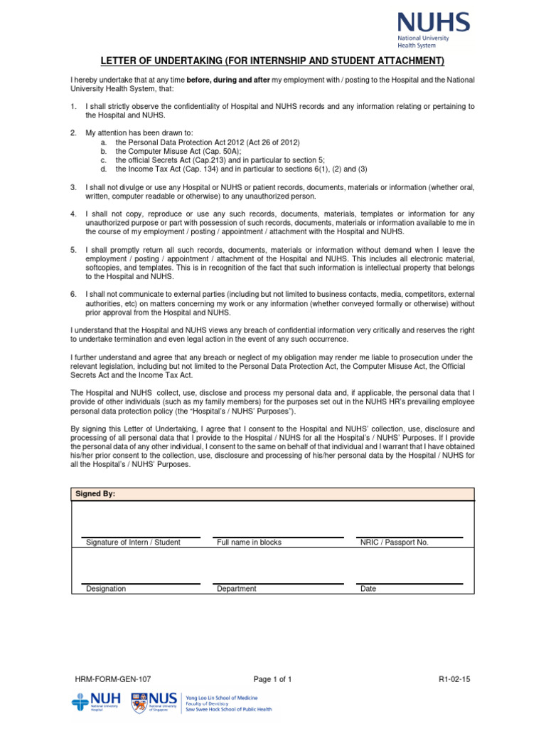 NUHS Letter of Undertaking (Internship and Student Attachment) | PDF ...