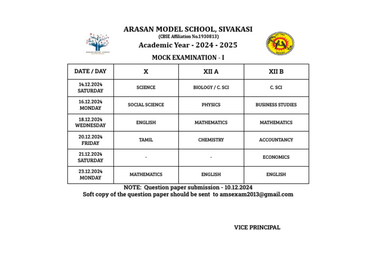 Mock Exam - I - Timetable - X & Xii | PDF