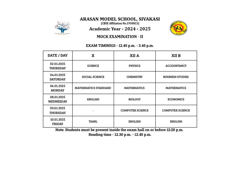 Mock Exam - Ii - Timetable - Student | PDF