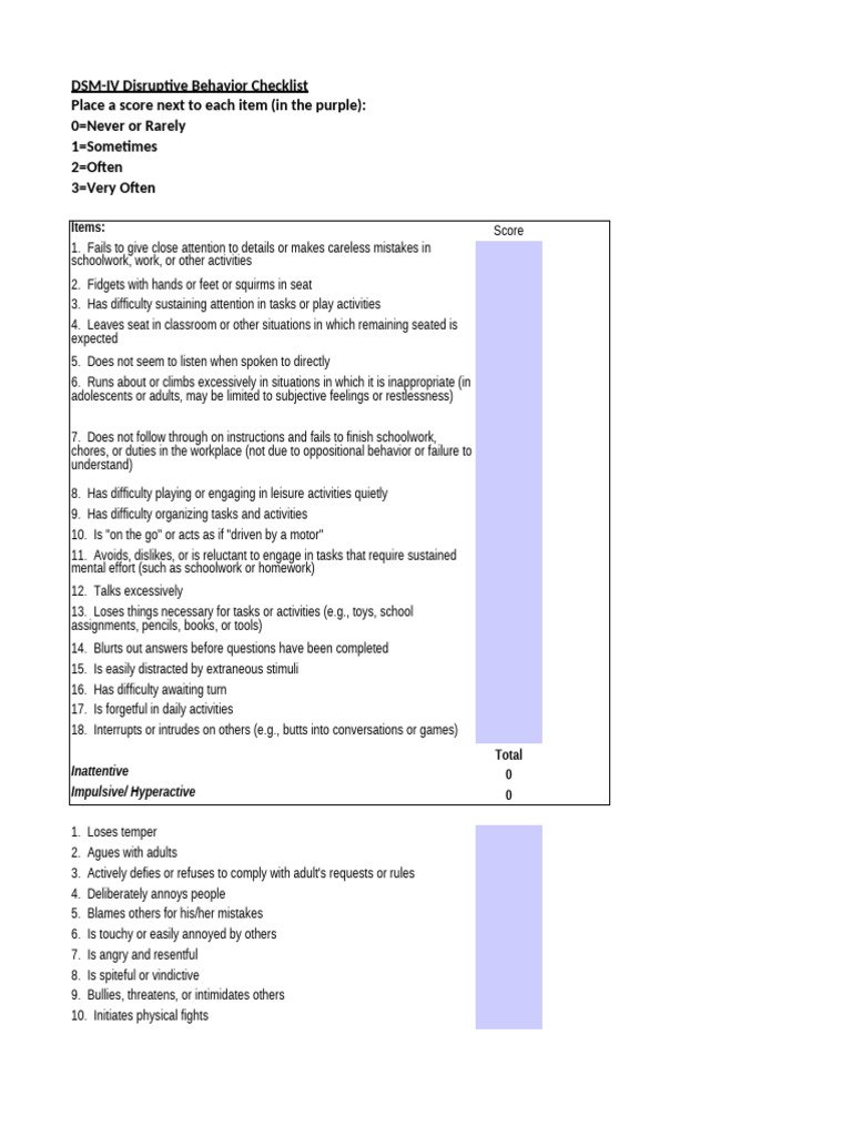 DSM-IV Disruptive Behavior Checklist | PDF | Robbery | Attention