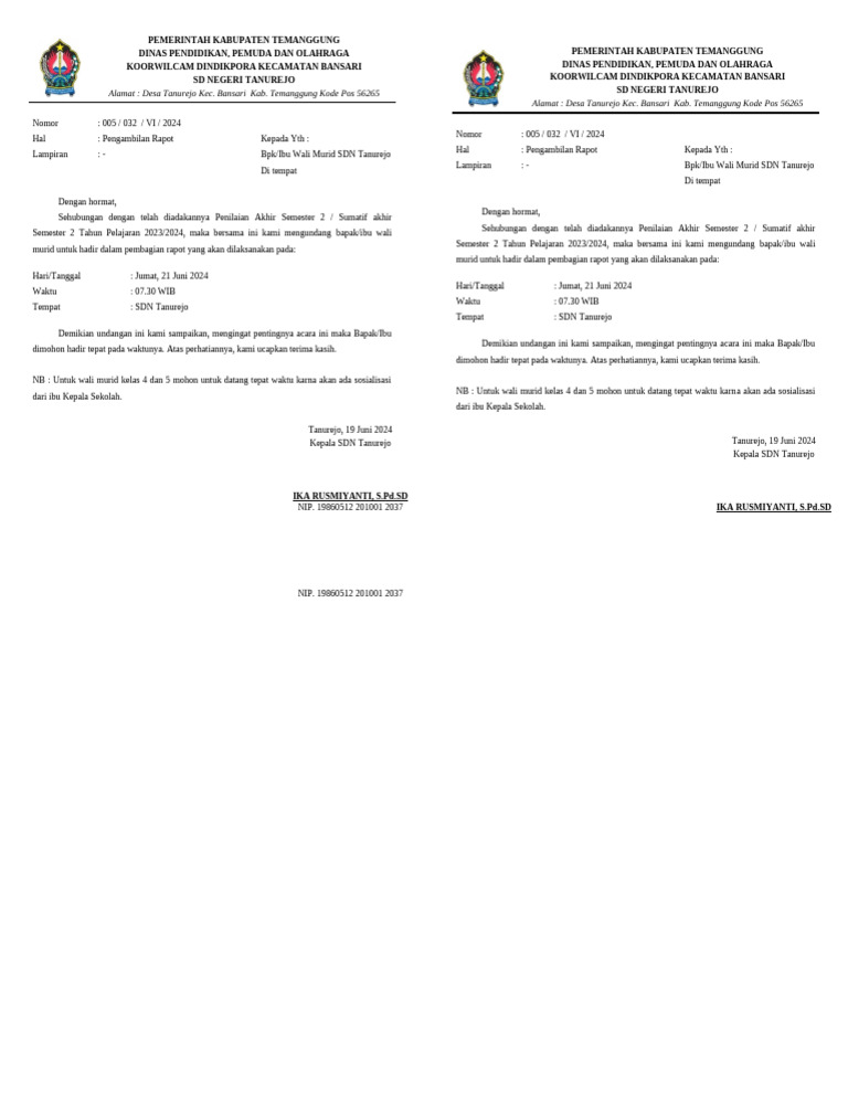 Undangan Pengambilan Rapot | PDF