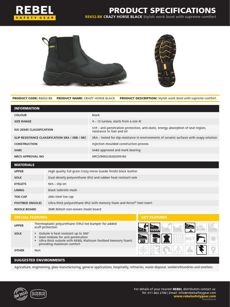 RSG - Spec Sheets - RE652 BK CRAZY HORSE BLACK | PDF | Shoe | Materials