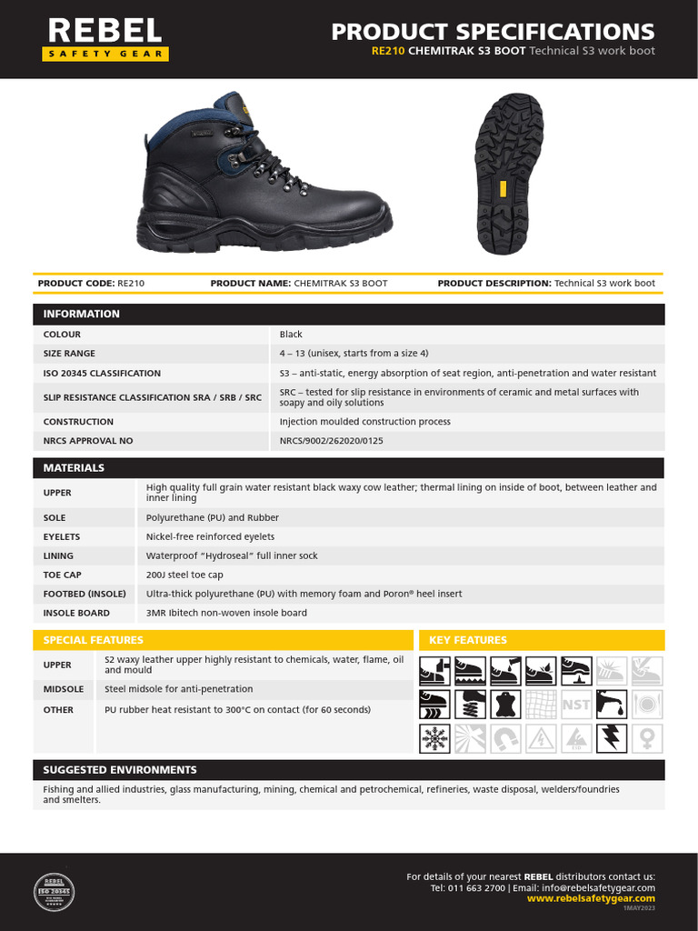 RSG - Spec Sheets - RE210 CHEMITRAK S3 BOOT | PDF | Shoe | Boot