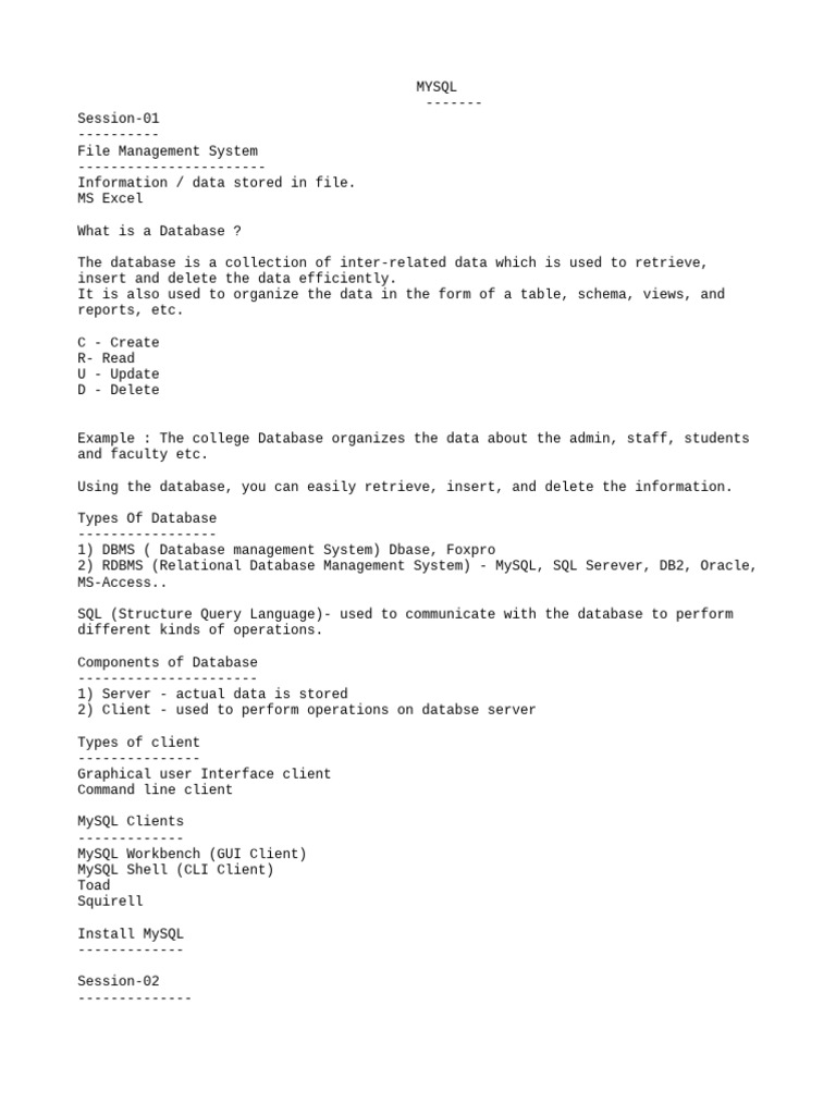 MYSQL Session Notes | PDF | Databases | Sql MYSQL Session Notes | PDF | Databases | Sql