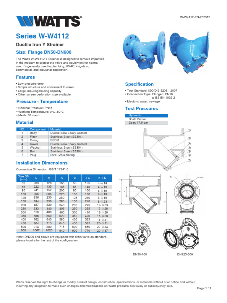 Watts Y Strainer Installation Guide | PDF | Valve | Mechanical Engineering