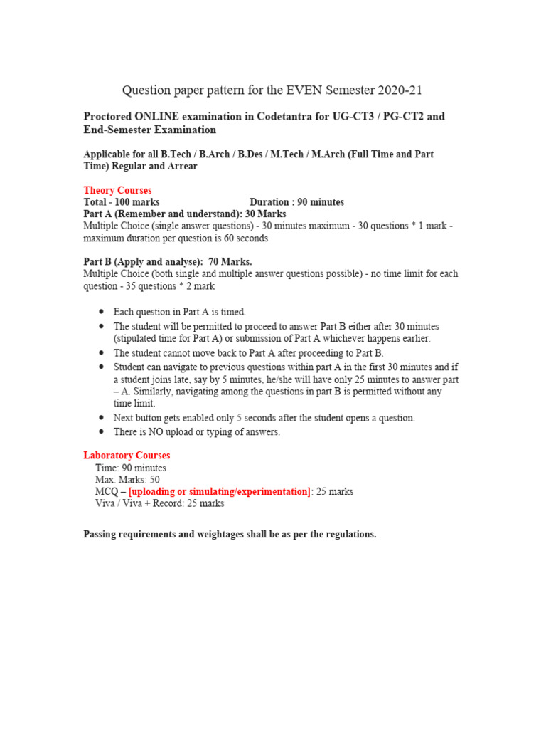 Question Paper pattern EVEN 2020-2021 Exam | PDF