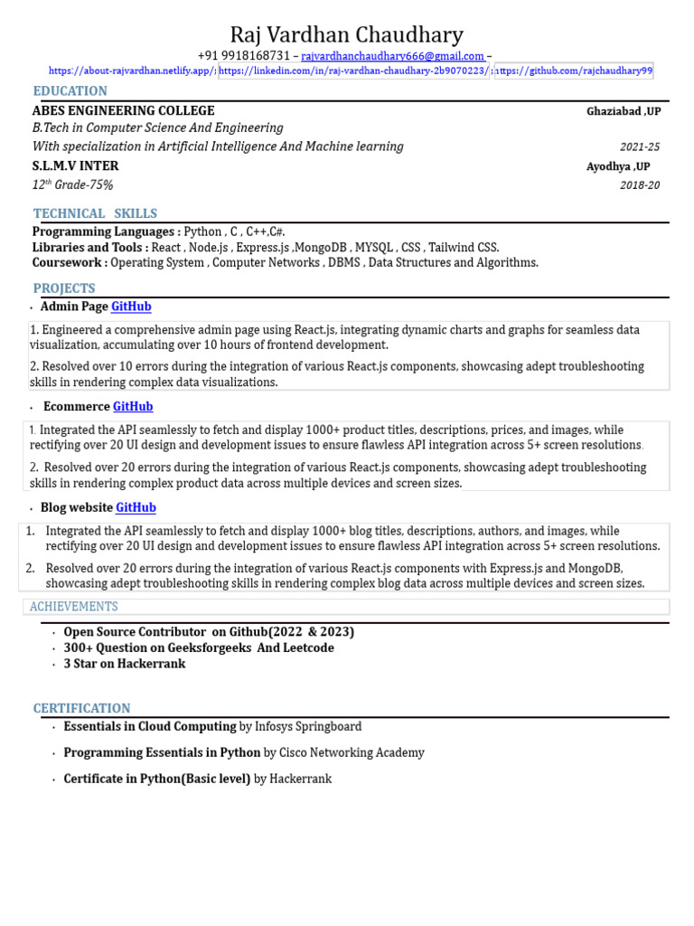 Resume Raj Vardhan | PDF | Software Development | Computing