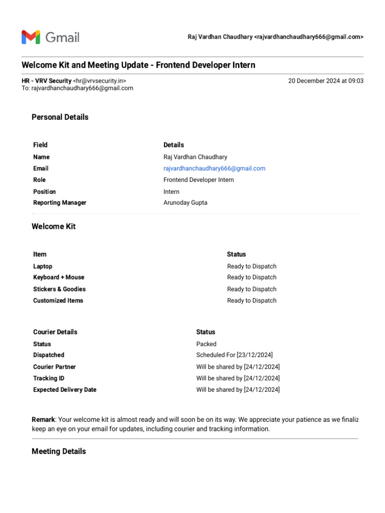 Gmail - Welcome Kit and Meeting Update - Frontend Developer Intern | PDF | Software | Computing