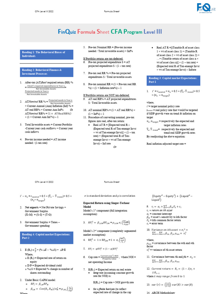CFA Level III 2022 Formula Sheet | PDF | Bond Duration | Tax Exemption