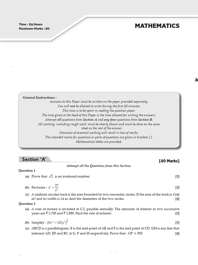 ICSE Class 9 Maths Sample Paper | PDF | Triangle | Area