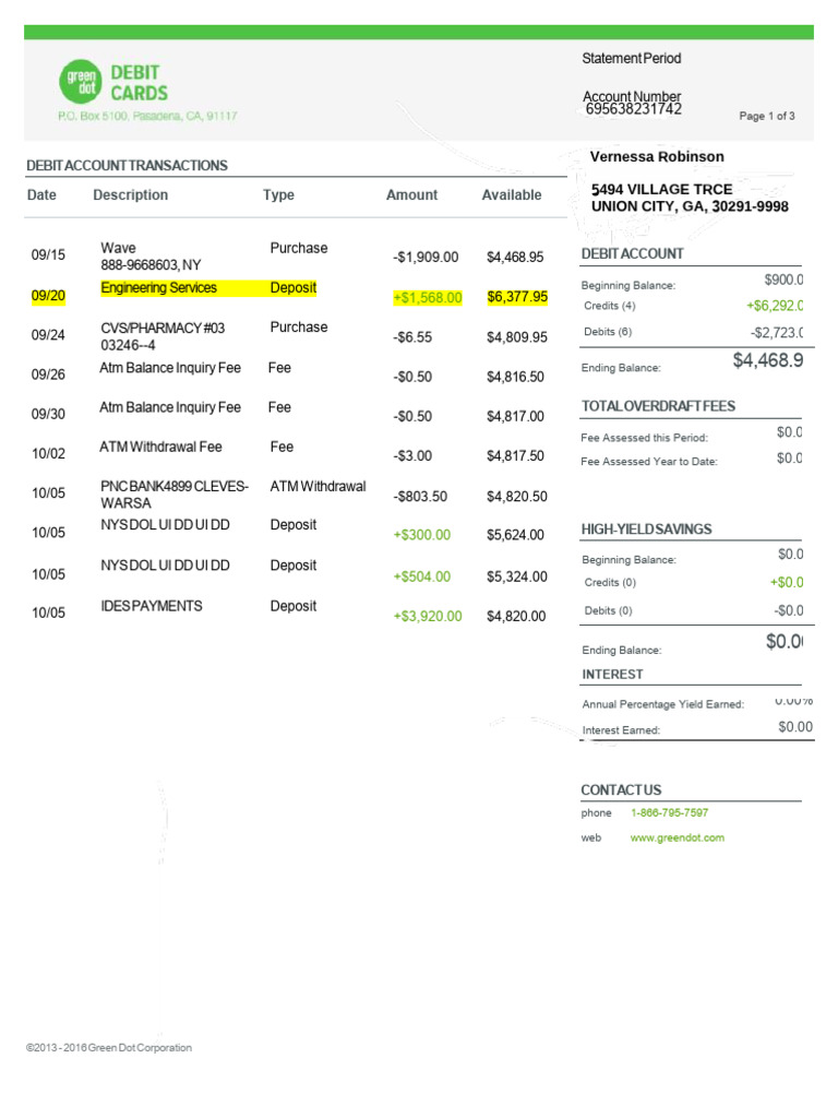 Green Dot Debit Account Statement Summary | PDF | Debit Card | Debits ...