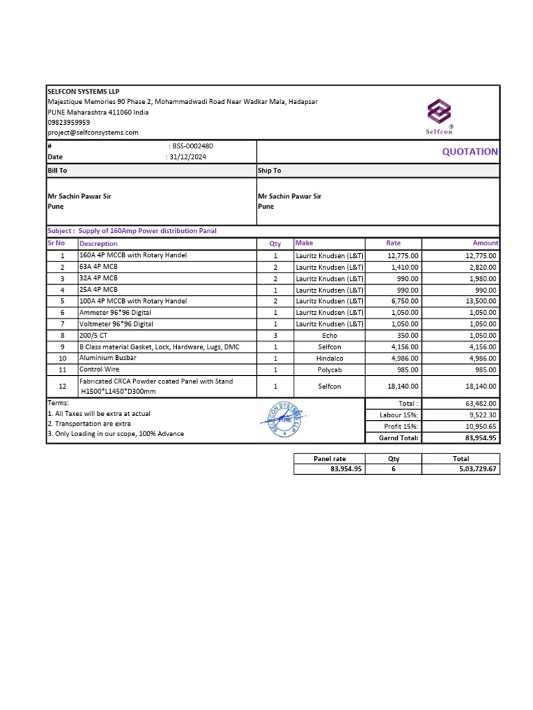 Quotation for 160A Power Panel Supply | PDF | Electrical Engineering ...