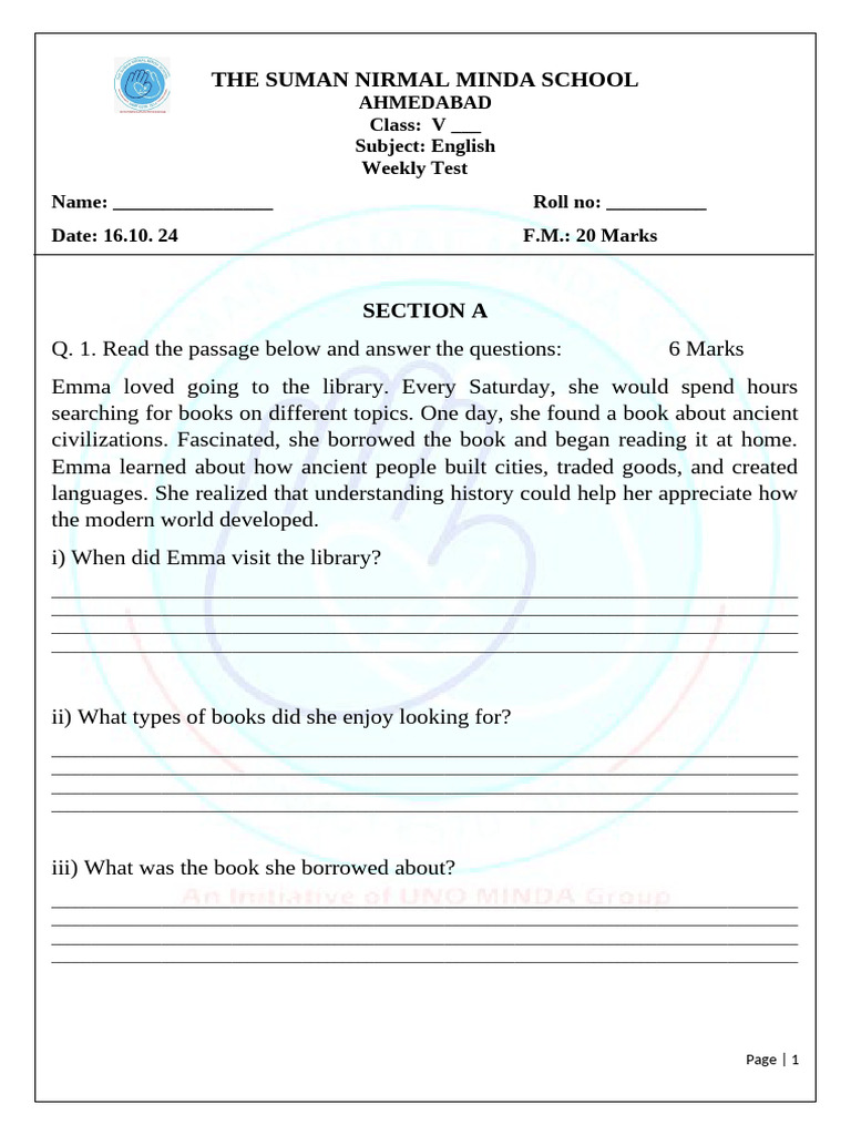 Class 5 English Weekly Test Paper | PDF