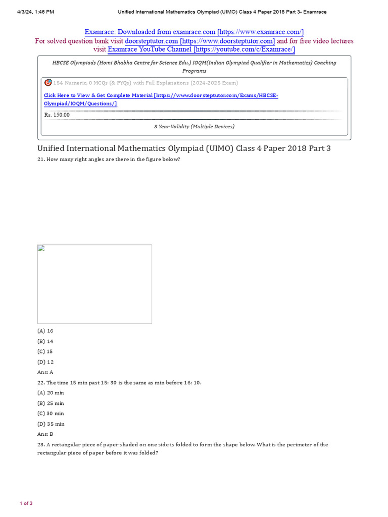 UIMO Class 4 Paper 2018 Part 3 | PDF | Mathematics