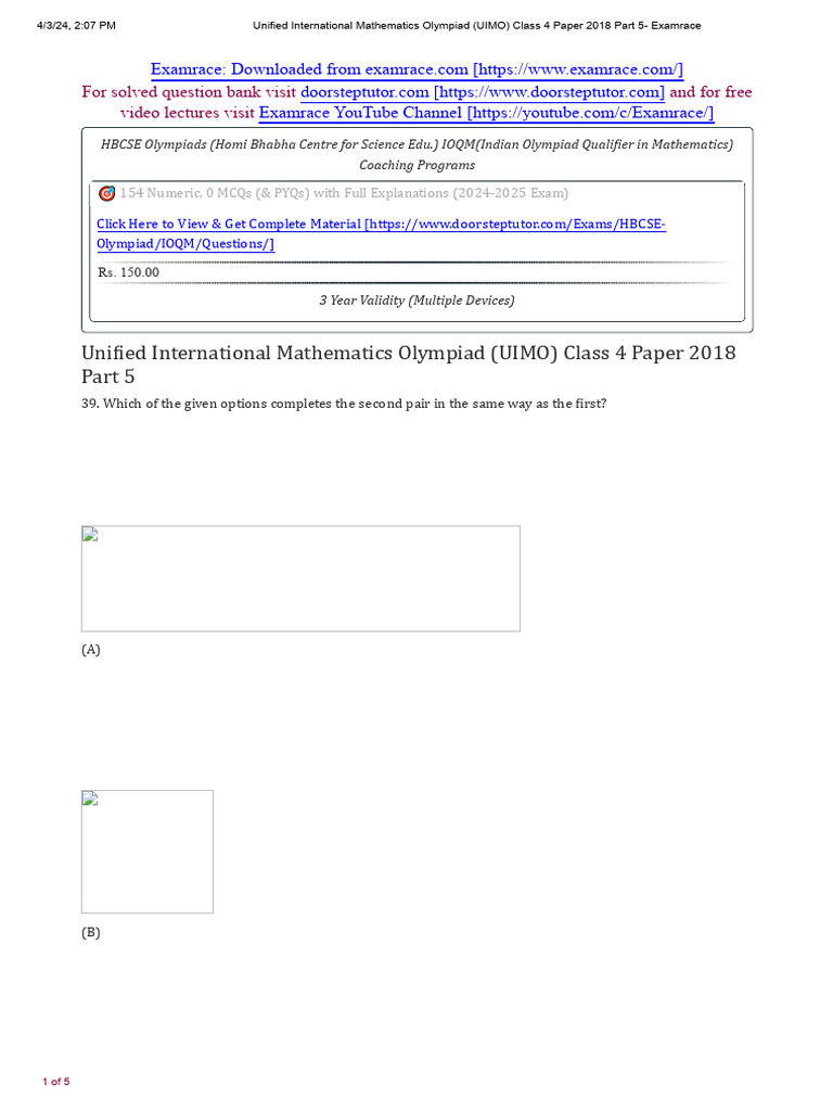 UIMO-Class-4-Paper-2018-Part-5 | PDF | Evaluation Methods | Educational ...