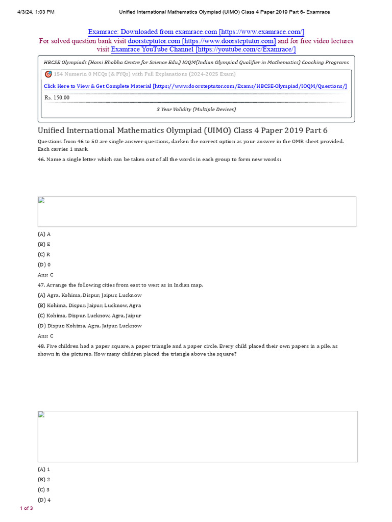 UIMO Class 4 Paper 2019 Part 6 | PDF