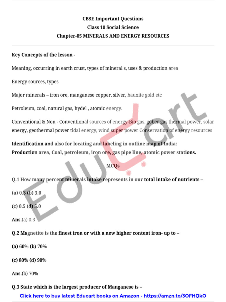 Imp Questions (Minerals and Energy Resources) | PDF | Energy ...
