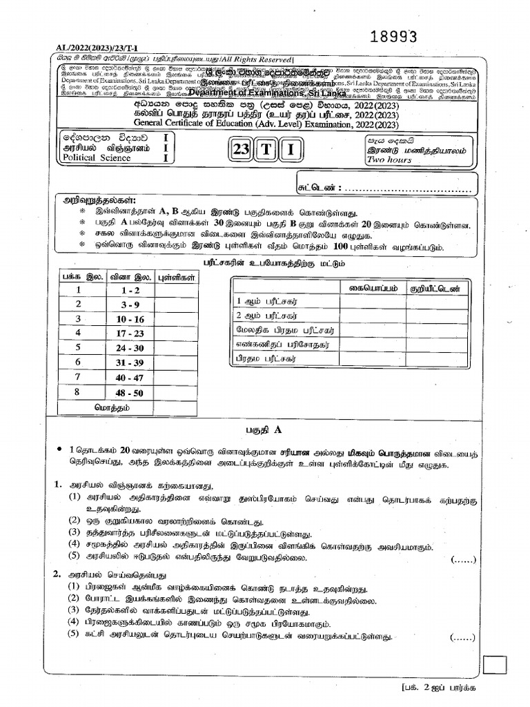 2022 A/L Political Science Papers | PDF