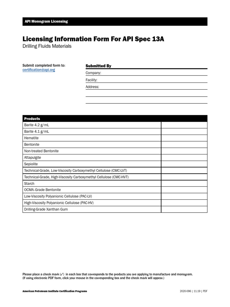 API 13A Licensing Information Form 20200504 | PDF