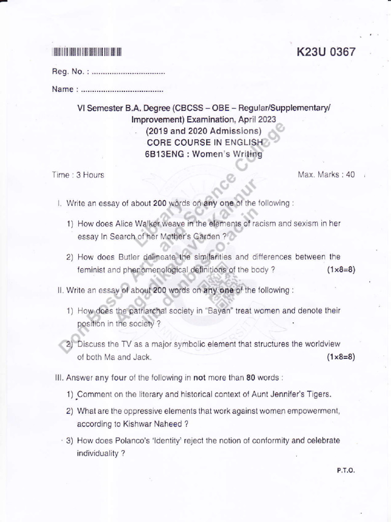 Lmprovemenl) Cobe::................. Semester Regular/Supplementary ...