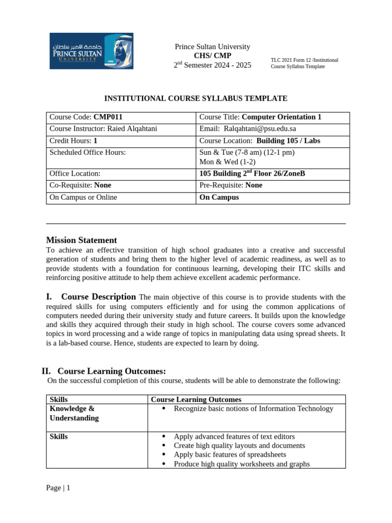 Computer Orientation 1 Syllabus | PDF | Worksheet | Plagiarism