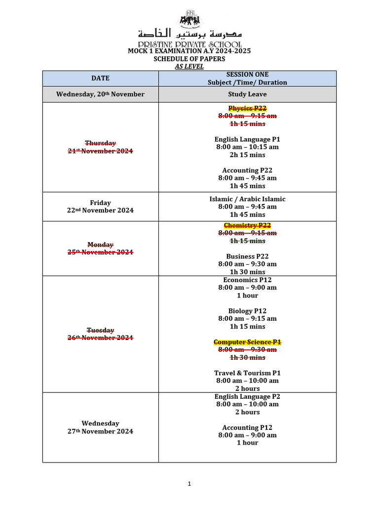 Year 12 Mock 1 Timetable 1 | PDF