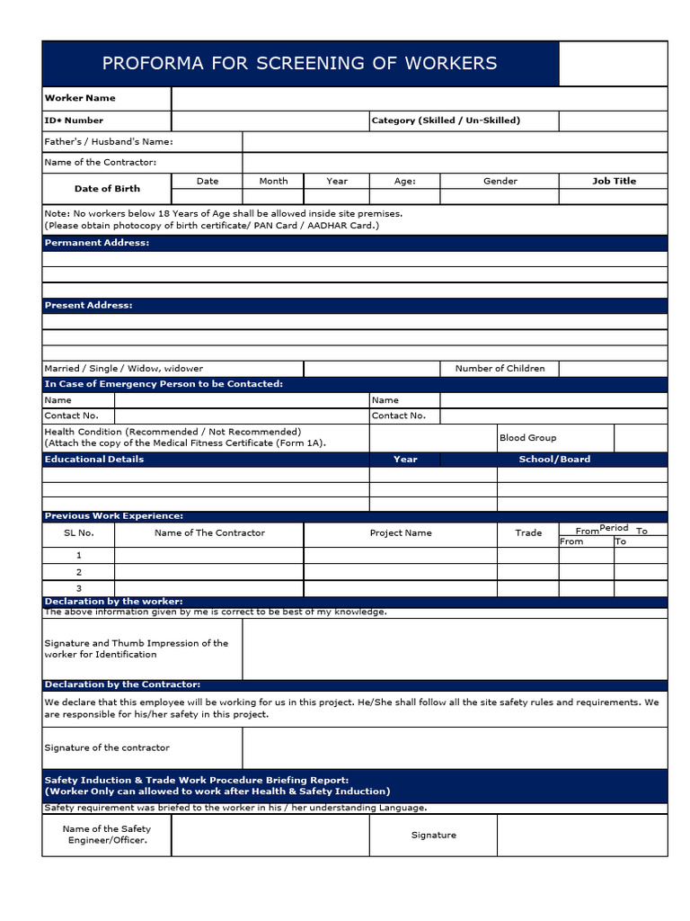 Worker Screening Proforma Template | PDF