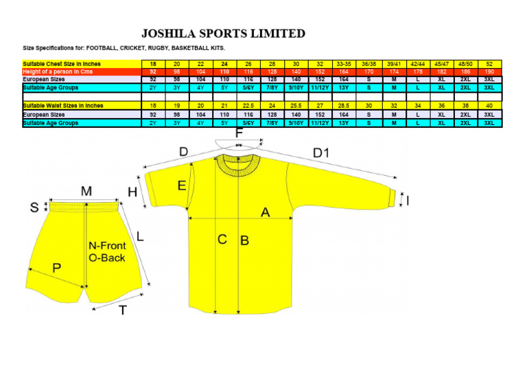 Size Chart Football Kit Based On Chest & Waist | PDF