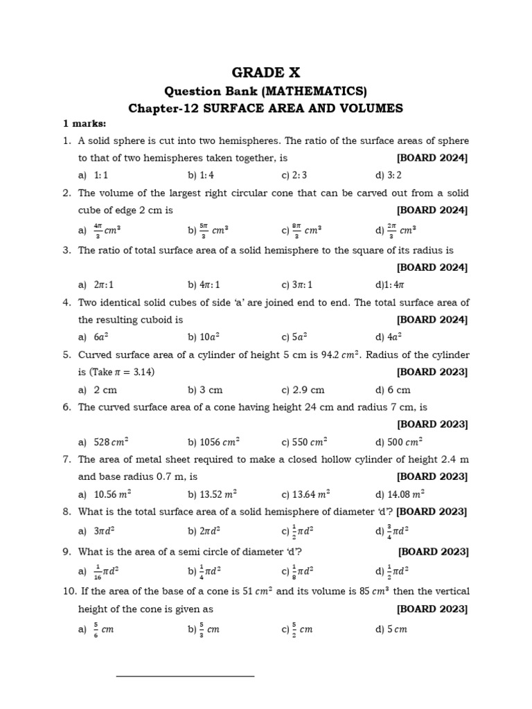 Class 10 Surface Area & Volume Questions | PDF | Sphere | Area