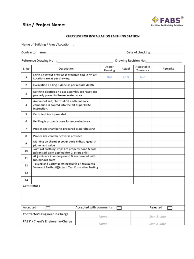 Earth Pit Inspection Checklist | PDF