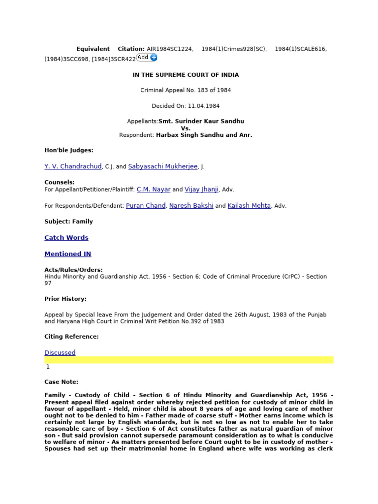 Srimati Surinder Kaur Sandhu v. Habax Singh Sandhu and Another | PDF | Legal Guardian | Child ...