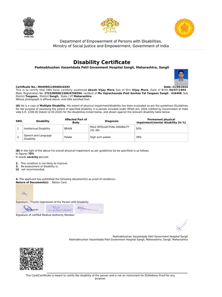 Disability Certificate for Akash More | PDF | Disability | Intellectual ...
