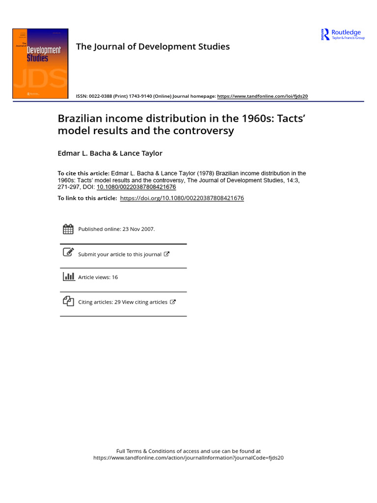 Brazilian Income Distribution in The 1960s Tacts Model Results and The ...