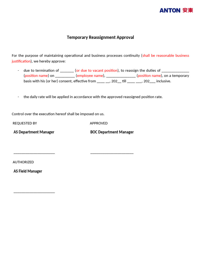 Temporary Job Reassignment Approval | PDF
