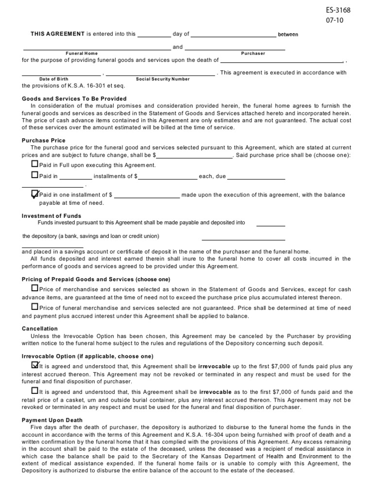 Edited ES-3168 02-10-02revisedprepaid Funeral Agreement 07-10 2 | PDF ...