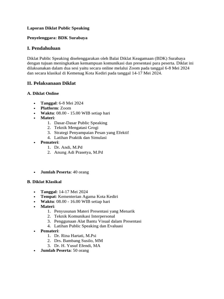Laporan Diklat Public Speaking 2024 | PDF