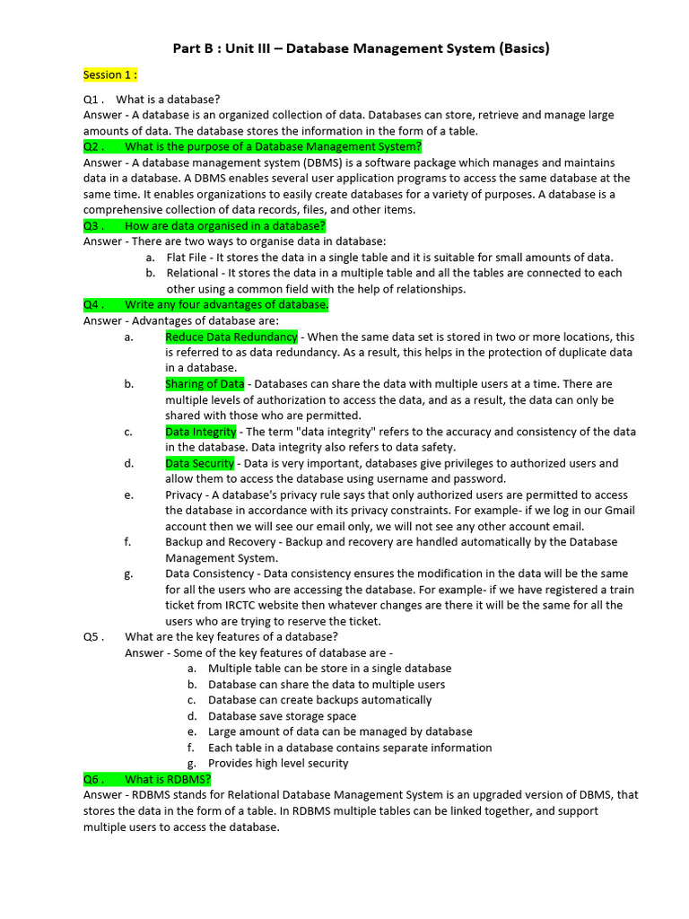 Part B-DBMS - Question - Anwers | PDF | Relational Database | Databases