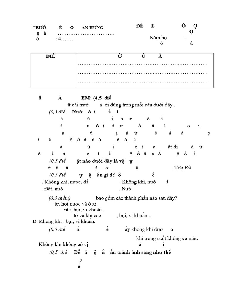 Khoa Hoc 4 Kiem Tra Cuoi Hk1 | PDF