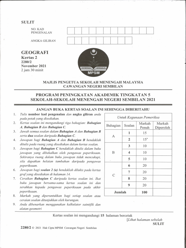 Kertas Trial Geografi N.sembilan K2 2021 | PDF