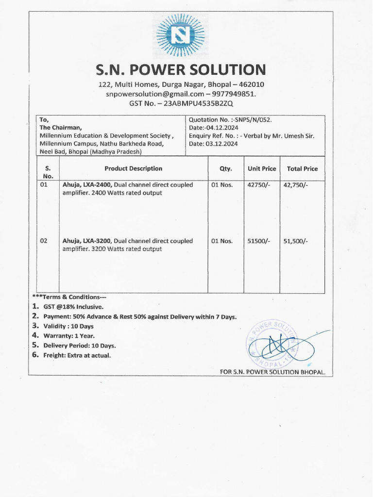 52 Quotation For Aahuja Mixer 2400watt CPU Millennium Bhopal | PDF