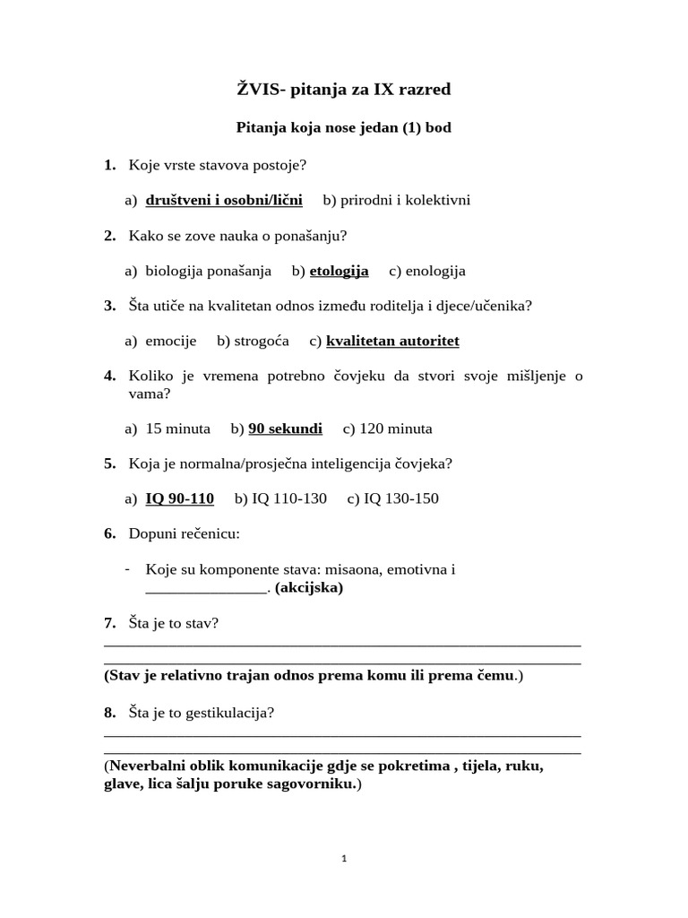 Pitanja Nastavnici ŽVS Za IX Razred | PDF
